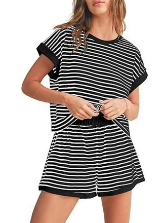 Generic Ensemble de salon 2 pi&egrave;ces pour femme, ensemble de surv&ecirc;tement ray&eacute; de couleur contrast&eacute;e, t-shirt d&eacute;contract&eacute; &agrave; manches courtes, mini short, tenue 2 