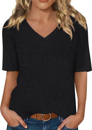 Minetom Damen Halbarm T-Shirt V-Ausschnitt Sommer Tshirt Einfarbig Oberteil Basic Shirts A Schwarz XXL