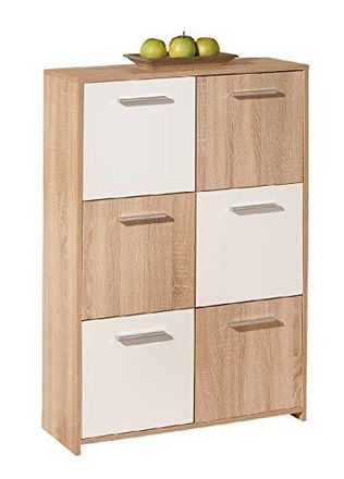 Dmora Sideboard mit sechs Türen, Weiß und Eiche, Maße 77 x 115 x 30 cm
