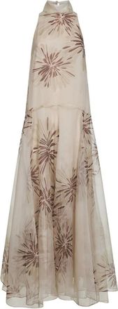 Brunello Cucinelli Femme, Robes, Beige, Taille: 42 FR Robe Maxi &agrave; Col Halter et Imprim&eacute; Bloom