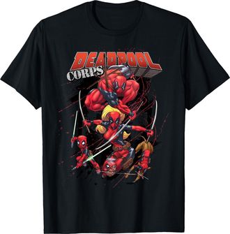 MARVEL T-Shirt: Deadpool Corps Family Attack Poses - Schwarz, Unisex, Klein, Kurzarm, Klassische Passform, Halloween, Marvel-Fans, Deadpool-Fans, Cosplay-Ent