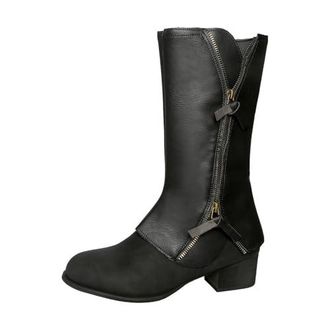 Generic Bottes Mi-Mollet pour Femme Talon Bloc Bout Rond en Simili Cuir R&eacute;tro Tendances Bottes De Cowboy avec Fermeture &Eacute;clair Chaussures Femme D&eacute;contract&eacute;e A
