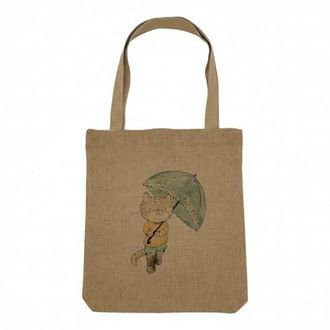 Fabulous Sac Shopping Tote Bag Aspect Lin - Chat Sous un Parapluie Aquarelle Peinture Illustration Art - Sac de Courses Toile Epaisse 360g Beige Naturel Cabas 