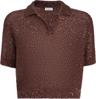 Brunello Cucinelli Femme, Pulls, Brun, Taille: 36 FR Polo Texture &Eacute;clatante