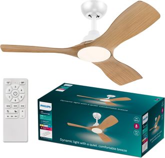 Philips Olas Deckenventilator, 3 Fl&uuml;gel, klein(42) 24 W LED-Licht, DC-Motor, Farbtemperaturbereich (3000 K, 4300 K, 6500 K) mit Dimmfunktion, Wei&szlig;/Holz, inkl.