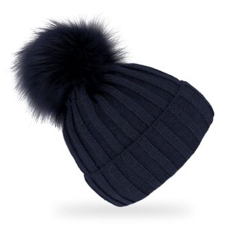 Fiebig Strickm&uuml;tze mit Kunstfell Bommel | M&uuml;tze aus Wolle mit Fleece-Futter | Beanie Made in Europe (Marineblau)