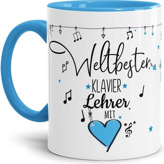Tassendruck Berufe Tasse - Weltbester Klavier Lehrer - Geschenk für den weltbesten Musiklehrer, Musikunterricht, Lehrer - Keramik Innen & Henkel Hellblau, 300 ml 