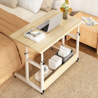 Generic Mobiler Beistelltisch Mit Rollen, 50 cm Breiter, Höhenverstellbar 63-85cm, Nachttisch Mit Metallrahmen Sofa-Tisch Für Laptop, Snacks, Bücher(Natural)