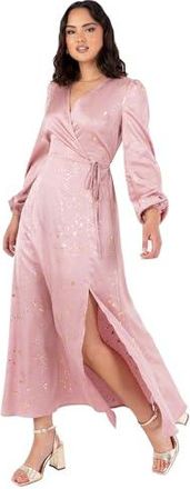 Lovedrobe Womens Midaxi Dress Ladies Wrap V-Neck Long Bishop Sleeve Satin Gold Fleck Side Tie Belt Split A-Line Wedding Guest, Rose Poudre 40