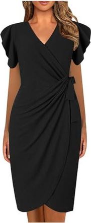 Generic Robes amincissantes pour femmes, robe d&eacute;contract&eacute;e avec temp&eacute;rament de style et coupe ajust&eacute;e, impression pliss&eacute;e, couleur unie, Noir, XXL