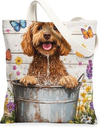 Generic Sac fourre-tout en toile motif chien griffonn&eacute; dor&eacute; printemps 33 x 38,1 cm, mignon sac &agrave; bandouli&egrave;re r&eacute;utilisable en bois de fleur rustique pour femme