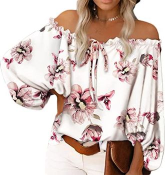 Onsoyours Chemisier Femme Epaule Dénudée Grande Taille Blouse Haut Sexy Top Epaule Nu Chemisier Col Bandeau Tee-Shirt Imprimée Fleurie Fluide Chic Tops C Blanc 