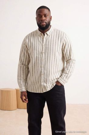 Trendyol MAN Herren Ecru Gestreift Lang Regular Fit Gro&szlig;e Gr&ouml;&szlig;en Hemden