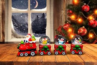 Shatchi Weihnachts-Schneekugel-Set, 3-teilig, Geschenk-Box, Zugwagen und Motor, handbemalt, Schneemann, Weihnachtsmann, Rentier, Penguine Tischdekoration, Rot
