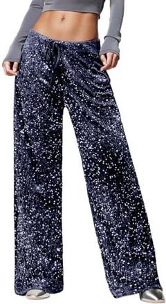 Generic Pantalon &agrave; paillettes pour femme - Pantalon long m&eacute;tallique brillant des ann&eacute;es 80 - Grandes tailles - Jambes larges - Taille haute - Mode Rave - Pant