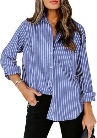 ORANDESIGNE Chemisier Rayée Bleue à Manches Longues pour Femme Style Décontracté Col en V Rayures Chemise de Travail Ample Boutonnière A Blau XL