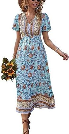 Lazutom Robe dété sexy à col en V pour femme - Motif floral - Avec cordon de serrage - Manches courtes, bleu clair, 40