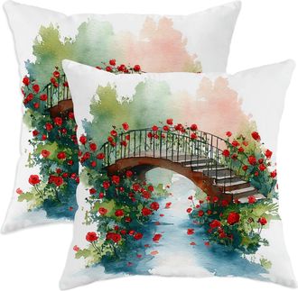 Generic Br&uuml;cke, Aquarell, Romantische Rosen, Wasser, Fr&uuml;hlingsgr&uuml;n Kissenh&uuml;llen Modern Dekokissen Komfort Kissenh&uuml;lle F&uuml;r Schlafzimmer Balkon Hotel 45X45Cm 2E