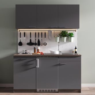 Respekta home24 Single-Küchenzeile Oliver I 150cm Grau/Grau/Eiche Dunkel Dekor Kochplatte