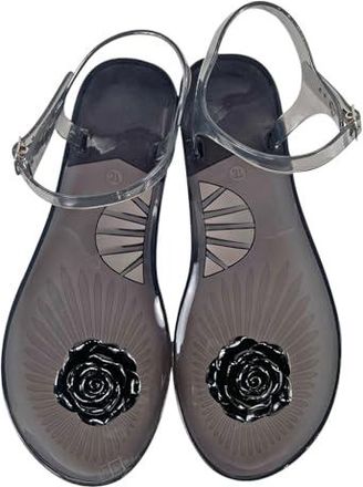 Generic Pantoufles d&eacute;t&eacute; pour femmes, sandales plates et transparentes &agrave; bout gel&eacute; en cristal, grande taille, Noir, 38.5 EU