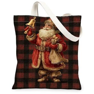 Generic Sac fourre-tout vintage en toile motif écossais festif réutilisable, léger et lavable avec bandoulière pour les vacances, les voyages, 33 x 38 cm