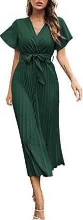 Generic Robe Femme Bleu - Robe Maxi plissée dété pour Femmes Wrap V Neck Ruffle Cap Sleeves Robe Longue Fluide en Mousseline de Soie avec Ceinture Jupe Courte