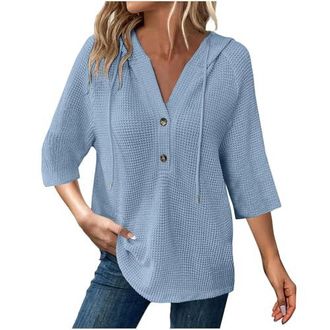 Generic Sweat à capuche confortable uni à manches 3/4 pour femme - Haut dété en tricot avec boutons et col en V - Chemises décontractées - Vêtements de sport 