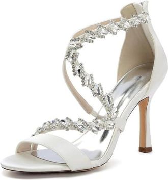 Generic Sandales &Agrave; Talons Hauts Femmes Mari&eacute;e Satin Open Toestylet Talons Et&eacute; Talon Mariage Soir&eacute;e Chaussures Femmes 9.5Cm,Ivoire,37 EU