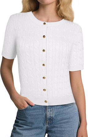Grace Karin Damen Elegante Kurzarm Strickjacke Sommer Bolero Top mit Knopfleiste Zopfmuster Strickcardigan Wei&szlig; 2XL