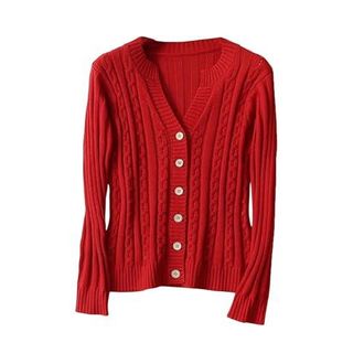 Generic Cardigan en tricot torsad&eacute; &agrave; manches longues et col en V pour femme, Rouge, M