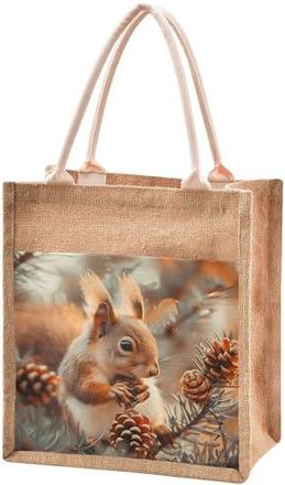 Mnsruu Sac fourre-tout réutilisable en toile de jute avec motif écureuil mignon pour femmes, filles, demoiselle dhonneur, mariage, école, 25 x 25 x 18 cm, C5