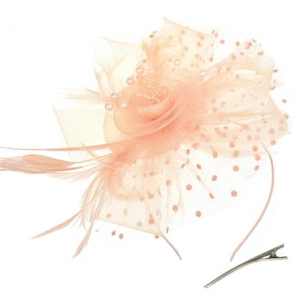 Dreshow Fascinators Hut Blume Mesh Bänder Federn auf einem Stirnband und einem geteilten Clip Cocktail Tea Party Headwear für Mädchen und Frauen, - Lachs - Gr