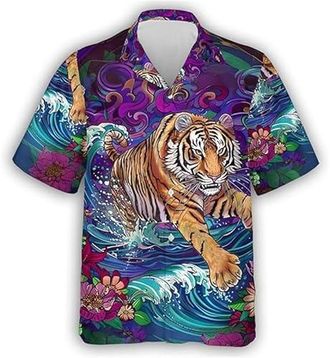 Keephen Cool Tigre Chemise &agrave; Boutons Femmes Hommes Tigre Impression 3D Chemise Hawaiienne Col &agrave; Revers Plage Vacances Chemise de Bowling