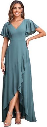 Ever-pretty Robe pour Mariage Invité Femme Longue Asymétrique Manches Courtes Col V Fendue Fluide Chic Bleu Poussiéreux 50