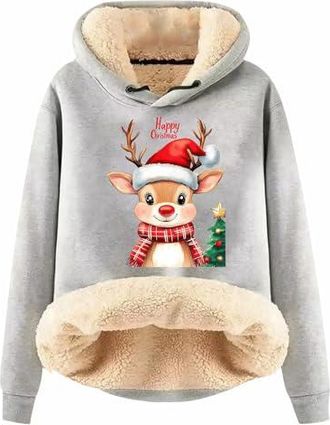 Generic Sweat &agrave; capuche &agrave; manches longues en polaire avec imprim&eacute; sapin de No&euml;l, gris clair, 5XL