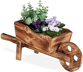 Relaxdays Pflanzschubkarre, gebranntes Holz, Gartendeko, Vintage Design, zum Bepflanzen, HxBxT: 19 x 47 x 15 cm, Natur