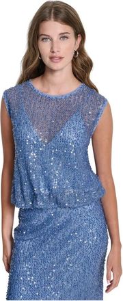 DKNY Dkny, Femme, Tops, Bleu, Taille: 42 FR Haut &agrave; Sequins en Maille Superpos&eacute;e