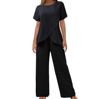 Generic Ensemble deux pi&egrave;ces pour femme - Col rond - Chemise crois&eacute;e - Pantalon large - Tenue d&eacute;t&eacute; - Vacances essentielles, Noir, XL