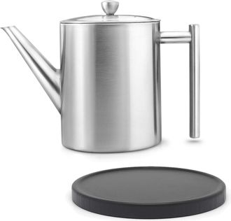 Bredemeijer hohe matte doppelwandige Edelstahl Teekanne 1.2 Liter & klassischer Teebereiter mit Tee-Filter Sieb-Einsatz für losen Tee & runder schwarzer Holzunter
