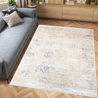 Tapiso Hera Tapis Poil Court Brillant Cr&egrave;me Beige Bleu Vintage Design Traditionnel Motif Floral Ornamental Bord&eacute; Mouchet&eacute; Effet 3D Tapis Salon Chambre Oeko-T