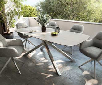 DELIFE Outdoortisch Edge Boot 200x100 cm Keramik Laminam Travertino Bianco Creme-Wei&szlig; Kreuzgestell Rechteck Edelstahl, Esstische