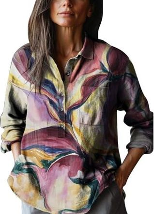 Generico Chemise Femme D&eacute;contract&eacute;e Manches Longues Chemises Coton Et Lin &Eacute;l&eacute;gant Grande Taille Chemisier Col V Classique Blouse Vintage Fantaisie avec Boutons