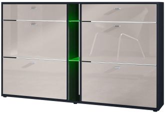 Vladon Schuhschrank Schuhkipper Today 155,5 x 95 x 28 cm, mit RGB LED Beleuchtung, Made in Germany, Korpus in Schwarz matt, Fronten in Sandgrau Hochglanz