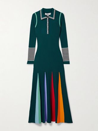 Christopher John Rogers Godet Maxikleid Aus Gerippter Merinowolle Mit Streifen Und Polokragen - Gr&uuml;n