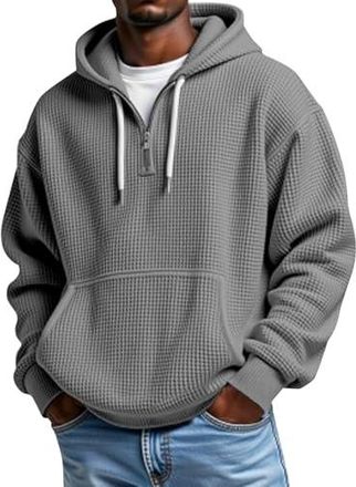 Generic Sweat &agrave; capuche pour homme - Demi-fermeture &eacute;clair - Pull &agrave; manches longues - Coupe droite - Motif gaufr&eacute; - Confortable - Pull en tricot - Pull de tra