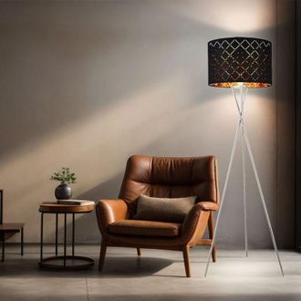 Globo Lighting Stehlampe Textilschirm schwarz gold Beistellleuchte 3 Bein Stativleuchte Textil, Nickel matt, E27 Fassung, DxH 62x158 cm