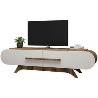 Dmora Fernsehschrank Dkastano, St&auml;nder f&uuml;r Wohnzimmerfernseher, Niedriges Wohnzimmer-Sideboard, TV-St&auml;nderbasis, 145x37h50 cm, Walnuss und Wei&szlig; - Dmora