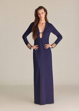 Mango Robe longue col V bleu nuit - Femme - XS - MANGO