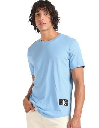 Calvin Klein Jeans Homme T-Shirt Manches Courtes Badge Turn Up Sleeve Encolure Ronde, Bleu (Dusk Blue), XXS