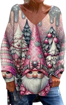 Generic Polo &agrave; manches longues pour femme 2024 - Chemisier de No&euml;l tendance et d&eacute;contract&eacute; - Imprim&eacute; 3D - Col en V - Manches longues - Haut ample - Pour femme